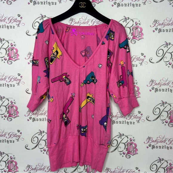 tokidoki | Tops | Toki Doki Shirt Ruffle Top Gun Pattern Pink Multicolor Rainbow Rare Y2k | Poshmark